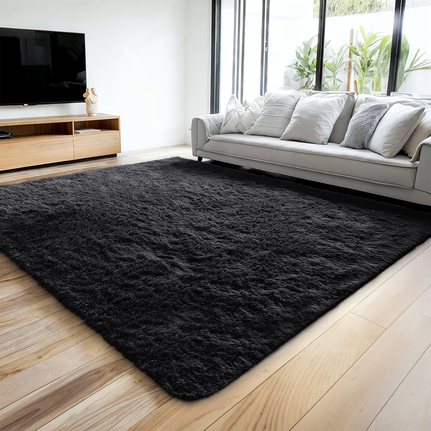Large Black Rug | Living Room Fluffy Shaggy Rugs